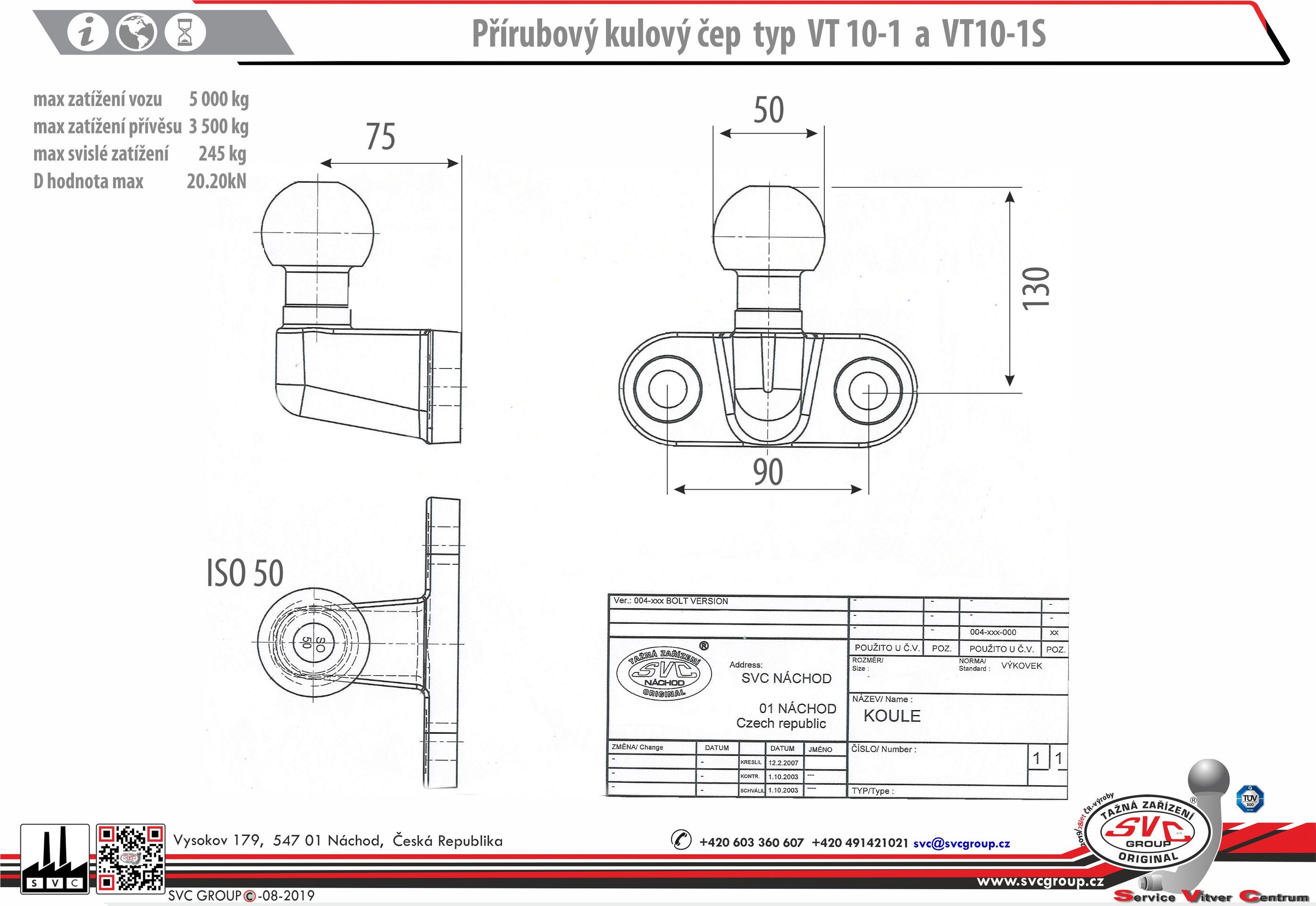 Přírubový kulový čep VT 10/1 pro max. zatížení 3500kg + spojovací materiál